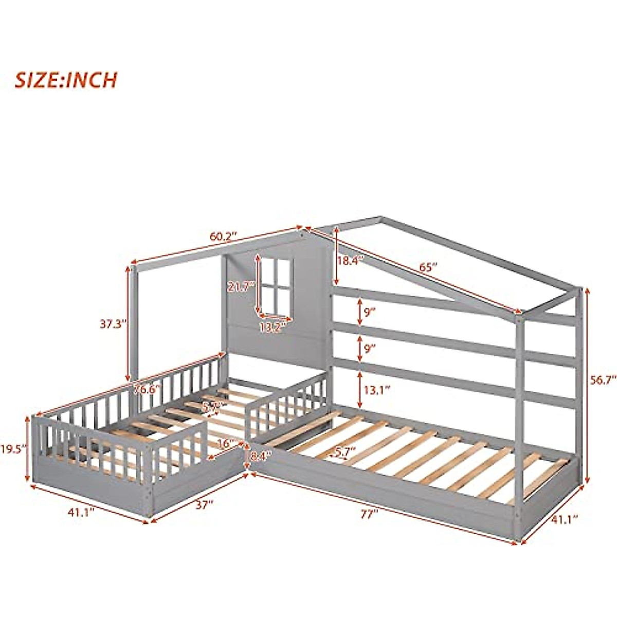 Harper & Bright Designs House Bed with Double Twin Beds, Wood L-Shaped 2 Platform Beds Roof ,Window,Fence and Slatted Design, Corner Playhouse Frame ,Montessori for Kids Girls Boys ,Grey