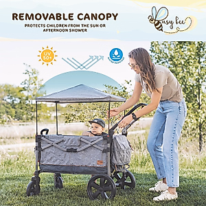 Busy Bee Foldable Wagon Stroller for 2 Kids, Push Pull Collapsible Kids Wagon with Adjustable Handle Bar, Removable Canopy, 5-Point Harness, Shock-Absorbing Wheels, Grey