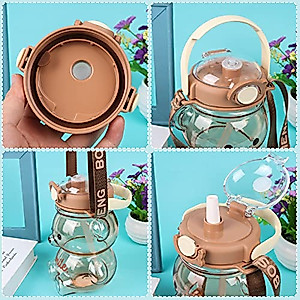 Kawaii Bear Straw Bottle, Large capacity bear water bottle with Strap and Straw, Cute Portable Bear shaped water Bottle Adjustable Removable Strap for outdoor and school activities(grey)