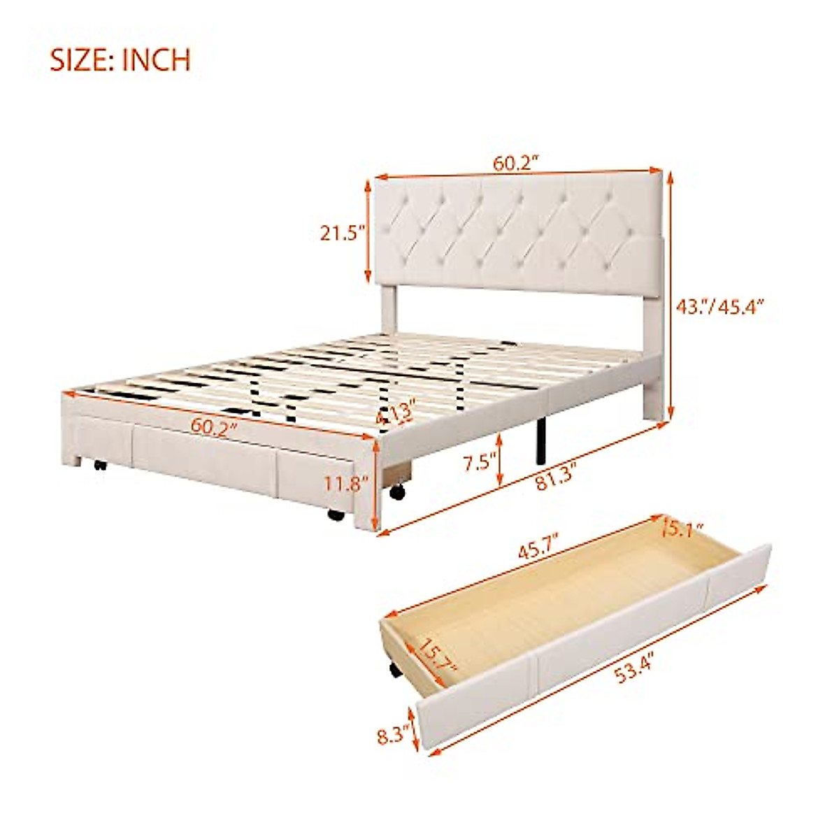 Lifeand Queen Size Storage Bed Velvet Upholstered Platform Bed with a Big Drawer - Beige