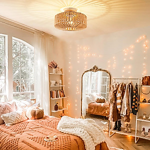 Zswanbei Boho Light Fixtures Ceiling Mount Boho Rattan Ceiling Light Flush Mount Mini Chandelier Woven Ceiling Light Fixture for Bedroom Hallway Entryway Bathroom Nursery