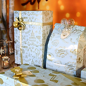 LeZakaa Birthday Wrapping Paper Sheet - Blue Color with Gold Foil - Birthday Party/Cake/Banner/Gift Box for Gift Wrap - 27.5" x 19.6" x 8 Sheets