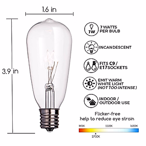 SUNSGNE 10-Pack Edison Light Bulbs, 7-watt E17 Screw Base ST40 Replacement Clear Glass Incandescent Light Bulbs for Outdoor Patio Edison Bulb String Lights, Warm White