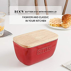 KOOV Porcelain Butter Dish with Lid for Countertop, Airtight Butter Container with Oak Lid, Butter Dishes with Covers, Butter Crock Boat-shaped Series (Red)