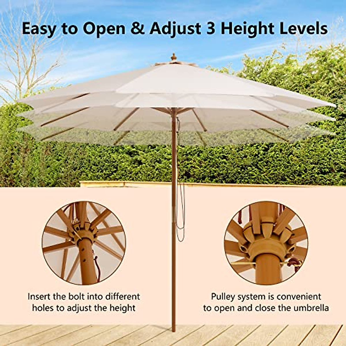 HAPPYGRILL 10 FT Patio Wooden Umbrella Table Market Umbrella with 8 Bamboo Ribs, 3 Adjustable Heights, Rope Pulley Lift, Detachable Pole & Vented Roof, Outdoor Umbrella for Garden Poolside Backyard