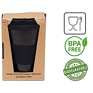 Reusable Coffee Cup Travel Mug Eco-Friendly Bamboo Fibre Silicon Natural 15oz (Black)