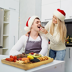 VaeFae Cheese Board and Knife Set, Bamboo Charcuterie Board with Magnetic Slide-Out Drawer and 2 Ceramic Bowls
