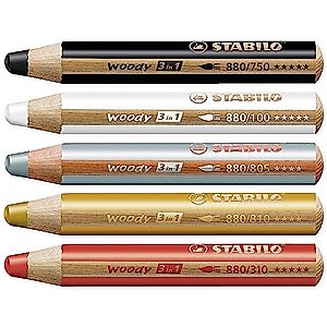 STABILO Multi-talented Pencil woody 3-in-1 - Basic Box of 5 - Silver, Gold, White, Black, Red + Sharpener