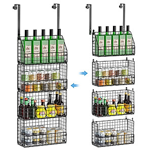 X-cosrack Over The Door Organizer - 4-Tier Pantry Door Organizer Hanging Storage Rack & Detachable And Foldable Metal Seasoning Spice Cabinet Door Storage Wall Basket With Hooks For Bathroom Kitchen