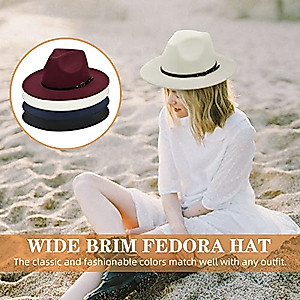 Women Classic Wide Brim Fedora Hat, 4 Pack Retro Panama Hat Wool Fedora Hat with Belt Buckle (Black+Wine Red+Navy Blue+Beige)