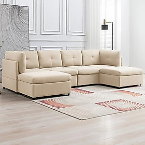 Mjkone Convertible Sofa Couch, Modern U Shaped Sofa with Tufted Back Cushion, 6 Seat Oversized Sectionals Sofa Couch with Ottomans for Living Room/Apartment/Office (Beige)