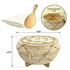 PANWA Handmade 100% Natural Thai Bamboo Sticky Rice “Electric Cooker Steamer Set”, Small Pot Insert ~ 6.5 Inch, Checkered Wicker Woven Lid, 16’’ Cheesecloth Filter, and Wooden Spoon