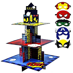Superhero Party Supplies Cake Stand Superhero Party Favors Cupcake Stand for Kid's Birthday Party Decorations+ Masks