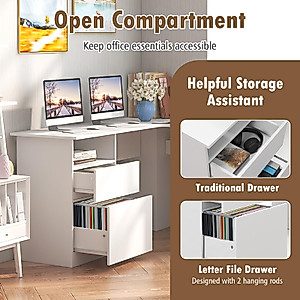 GOFLAME L-Shaped Desk, 59" Corner Computer Desk with File Drawer & Open Shelf, Large Workstation w/ 2 Cable Management Holes, Writing Study Desk for Home Office, White