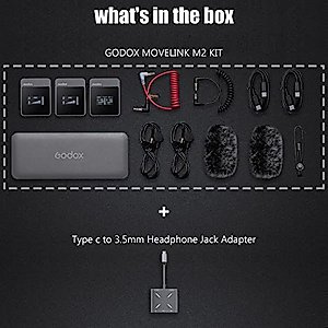 GODOX MoveLink M2 Kit for Cameras and Smartphones with Type c to 3.5mm Headphone Jack Adapter, 2.4GHZ Wireless Microphone System for Vlogger Youtuber, Interviewer Speaker Filmmaker