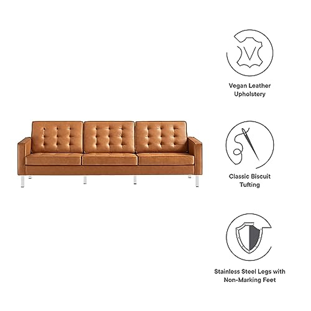 Modway Loft Tufted Button Faux Leather Upholstered Sofa in Silver Tan