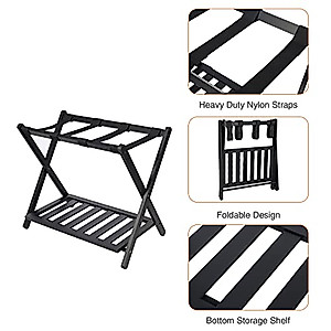 AKVOMBI Folding Luggage Racks for Guest Room, 2 Tier Suitcase Holder Stand with Shelf, Luggage Stand with Heavy Duty Nylon Belts for Bedroom, Hotel, Black