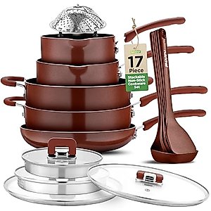 NutriChef Space Saver 17-Piece Nonstick Cookware Set - Brown Pots and Pans with Stackable Design, Foldable Handles, Induction Ready