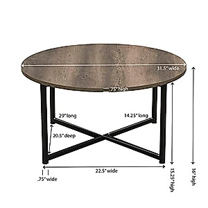 Household Essentials Jamestown Round Coffee Table Ashwood Rustic Wood Grain and Black Metal 31.5 x 31.5