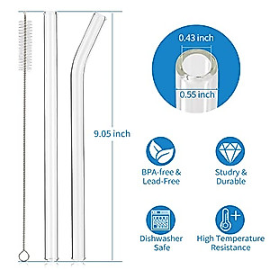 RENYIH 10 Pcs Reusable Glass Boba Straws,9''x14 mm Wide Glass Drinking Straws Jumbo Smoothie Straws for Bubble Tea,Milkshakes,Set of 5 Straight and 5 Bent with 2 Cleaning Brushes -Dishwasher Safe