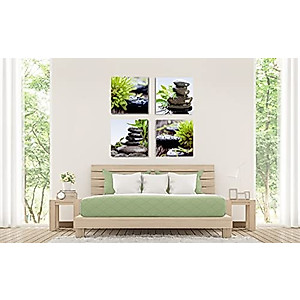 Zen Bathroom Decor Meditation Canvas Wall Art, Water Stone and Green Plants Pictures for Yoga Spa and Office Calming, Relaxing Wall Art for Office Bedroom Living Room (12x12in, 4 Panels)