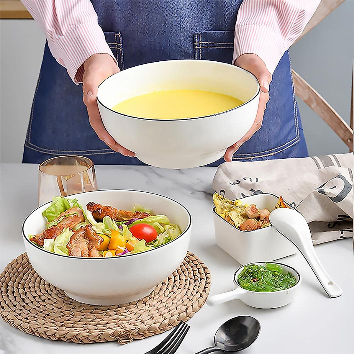 QINLANG 60 Ounces Large Soup Bowl, 8 Inches Pho Bowls, Large Ramen Bowls Set of 3, Off-White Porcelain Big Serving Bowls for Salad and Kitchen