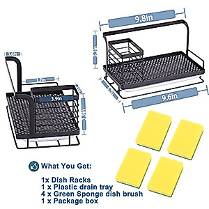 Homeve Kitchen Sink Caddy Organizer, Dishcloth Holder, Removable Drain Pan, Sponge, Brush Holder Rack, Bathroom Storage Organization on The countertop Stainless Steel Rustproo, Black-1 Pack