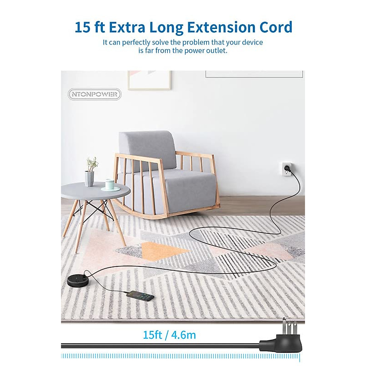 Extension Cord 15 ft Bundle,Flat Plug Power Strip with Widely Spaced Outlets USB Ports, Wall Mount Power Strip, Long Extension Cord with Multiple Outlets for Home, Office