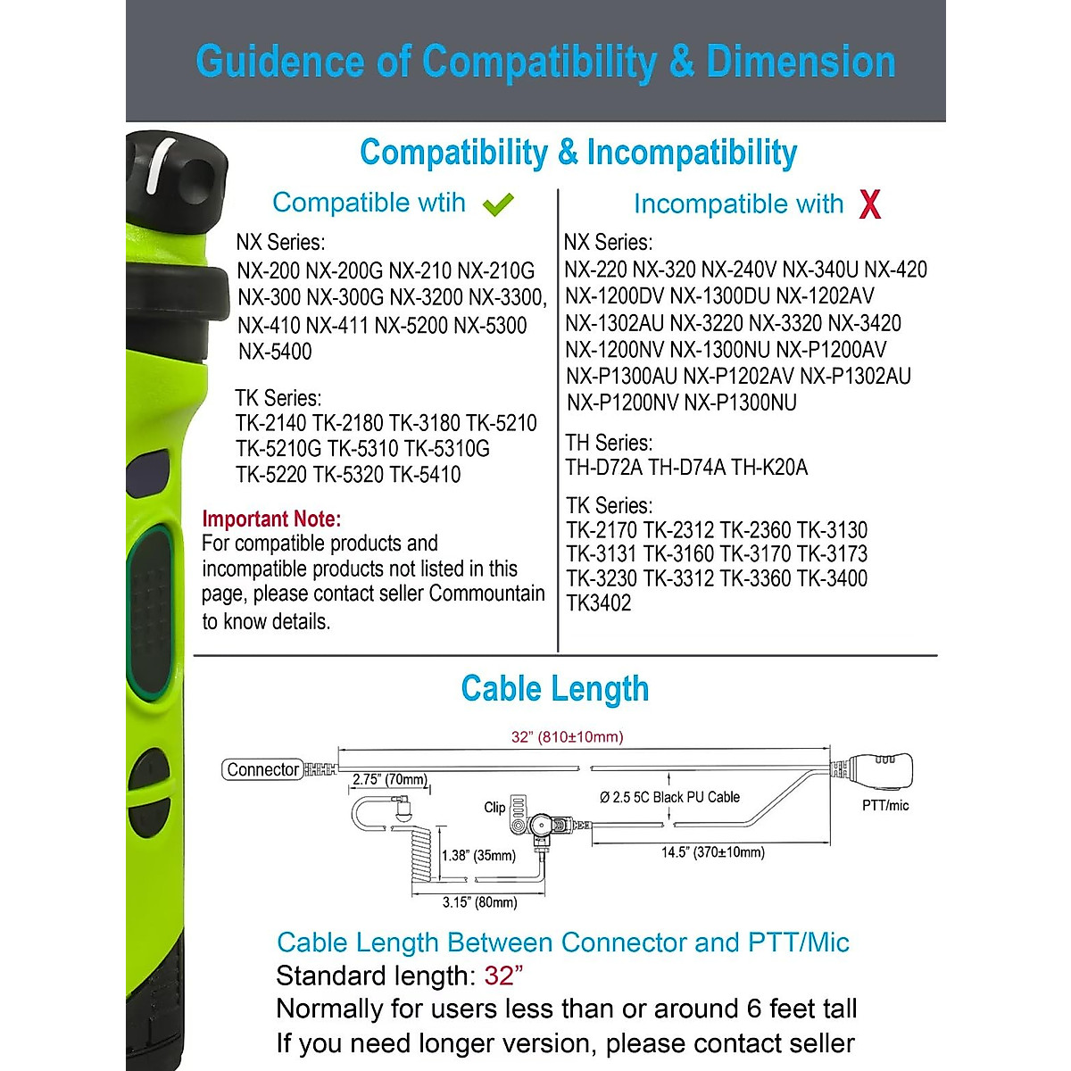 commountain Earpiece w/Mic for Kenwood Radios NX-200 NX-210 NX-300 NX-3200 NX-3300 NX-410 NX-411 NX-5200 NX-5300 NX-5400 TK-290 TK-2180 TK-3180 TK-5210 TK-5220 TK-5320, Acoustic Tube Headset