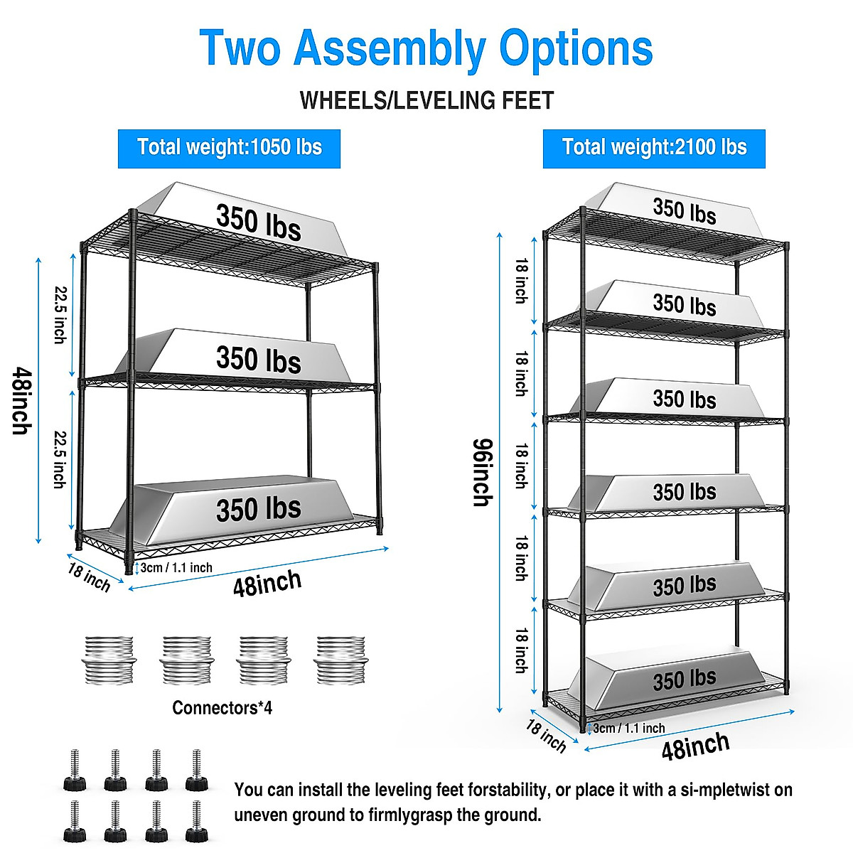 Ufurpie 3 Tier Wire Shelving Unit Two-Piece Set, NSF Metal Shelf 1050lbs Capacity Adjustable Storage Rack with Shelf Liners, Extensible to 6 Tier 2100lbs Organizer, 48" H x 48" L x 18" D