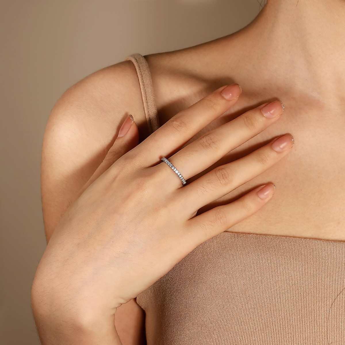 JALOKIVI 2mm 925 Sterling Silver Eternitys Ring for Women Round Shape Cubic Zirconia Half Eternity Wedding Bands Size 9.5