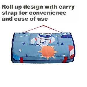 EVERYDAY KIDS Nap Mat w/Removable Pillow -Outer Space Adventures- Carry Handle with Straps Closure, Rollup Design, Soft Microfiber for Preschool, Daycare, Travel Sleeping Bag - Ages 3-6 Years