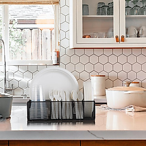 Paper Plate Organizer for Countertop, Metal Silverware Caddy with 6 Compartments for Plate, Cup, Fork, Knives, Spoon, Napkin, Paper Plate and Utensil Holder Caddy for Party, Camping, Picnic (Black)