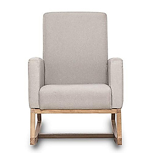 Paddie Rocking Chair Nursery Fabric Rocking Sofa Armchair with Solid Wood Base, Side Pocket, Linen Fabric Upholstered Baby Rocking Chair for Living Room (Beige)