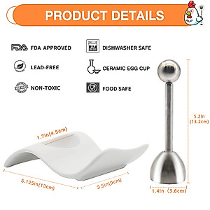 Egg Cup for Soft Boiled Eggs, Kitchenexus Egg Cups & Cracker Topper Set, 4pcs Set Ceramic Wave Egg Holder with Stainless Steel Egg Shell, Egg Stand Holders for kitchen