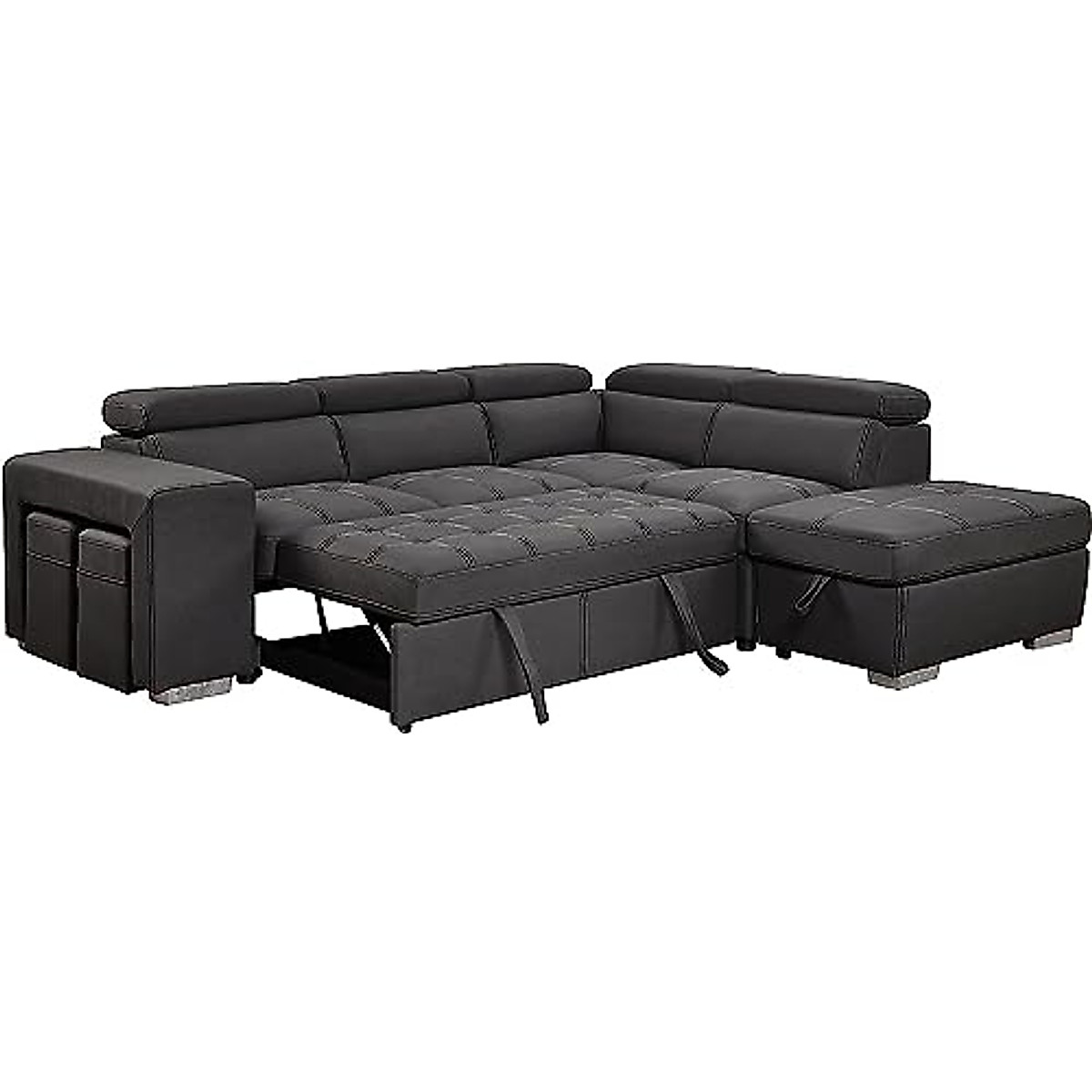 FULife 105" w L-Shaped Modular Reversible Sectional Corner Sofa with Pull Out Sleeper Bed,Adjustable Headrest,Storage Ottoman and 2 Stools,Multi-Functional Convertible Upholstered 5-Seat Sofá&Couch