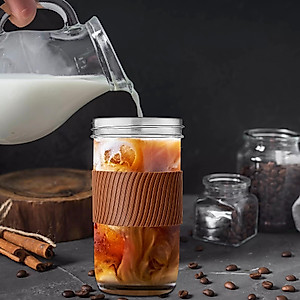 BamLue 2 Pack 24OZ Glass Cups with Lids and Metal Straws Iced Coffee Cups with Bamboo Lids, Cute Boba Cup with Non-slip Sleeve, Clear Drinking Glasses for Bubble Tea, Smoothies, Juices, Sauces