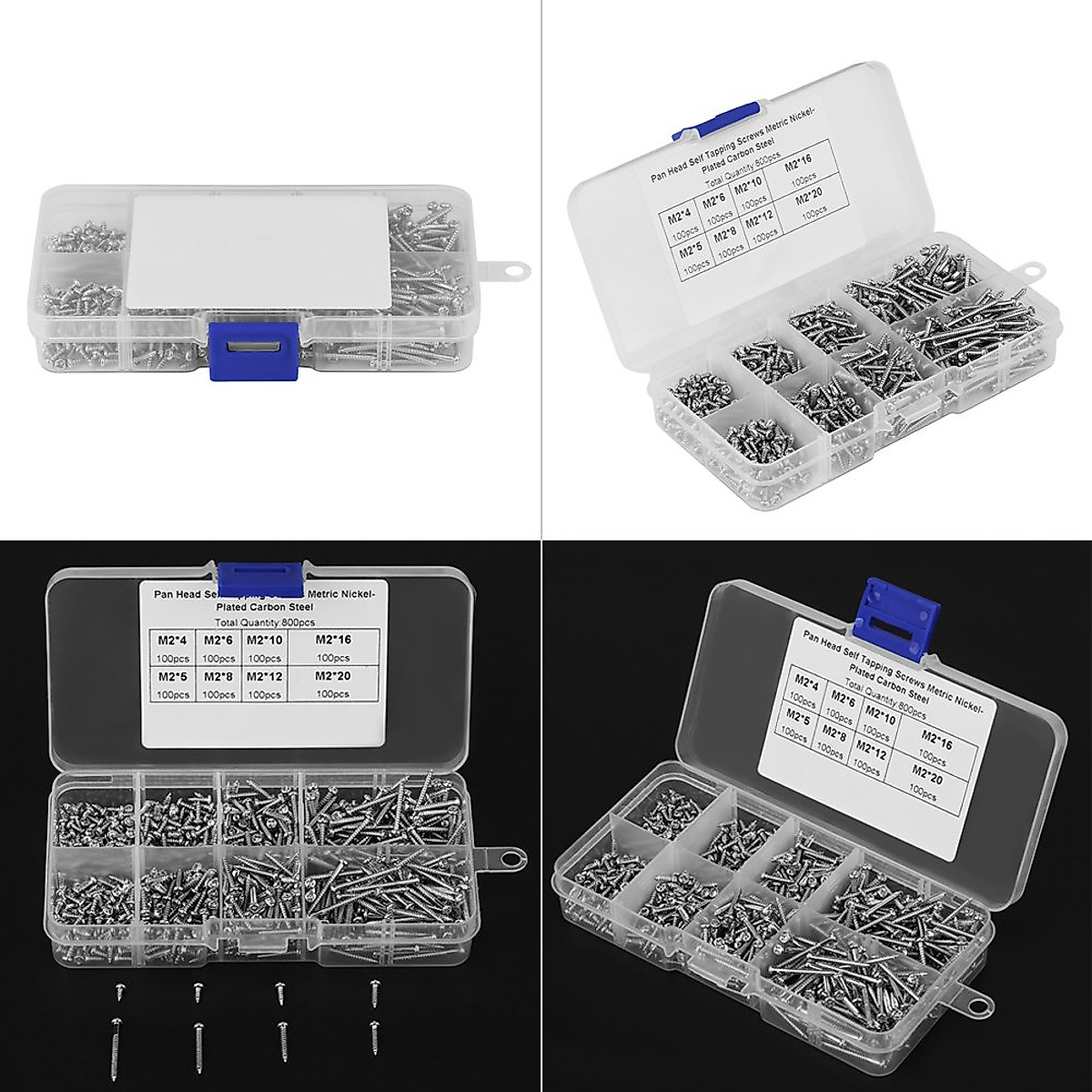 800pcs M2 Cross Drive Pan Head Self-Tapping Screws Woodworking Fastener with Box