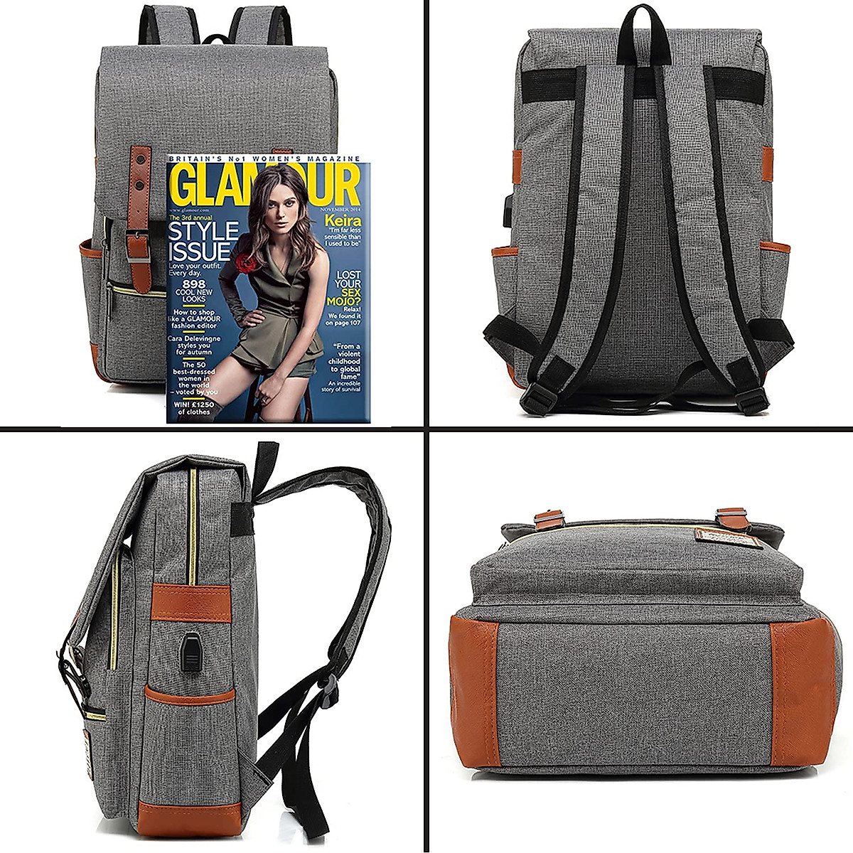 UGRACE Laptop Backpack, Grey, Unisex, 15.6" Laptop Compartment, 6 Compartments, USB Charge Port, Adjustable Shoulder Strap, PU Leather Belt
