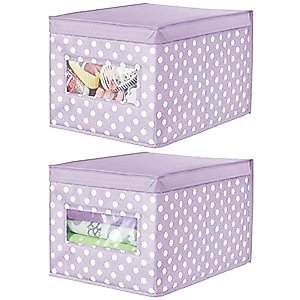mDesign Large Soft Stackable Fabric Baby Nursery Storage Organizer Holder Bin Box with Front Window and Lid for Child/Kids Bedroom, Playroom, Classroom - 2 Pack, Light Wisteria Purple/White Polka Dot