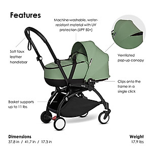 BABYZEN YOYO2 Black Frame + Peppermint Bassinet - Includes Thick Double Mattress, Ventilated Shell & Canopy