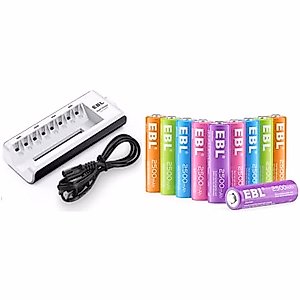 EBL 8-Bay Battery Charger with AA Rechargeable Batteries 2500mAh (10 Pack- 5 Color in One Box)