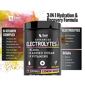 Zeal Naturals Electrolyte Powder Recovery Drink (90 Servings | Lemon Berry) w/ 0 Sugar +BCAAs +B-Vitamins Electrolyte Supplement w Potassium Zinc & Magnesium for Hydration - Keto Electrolytes