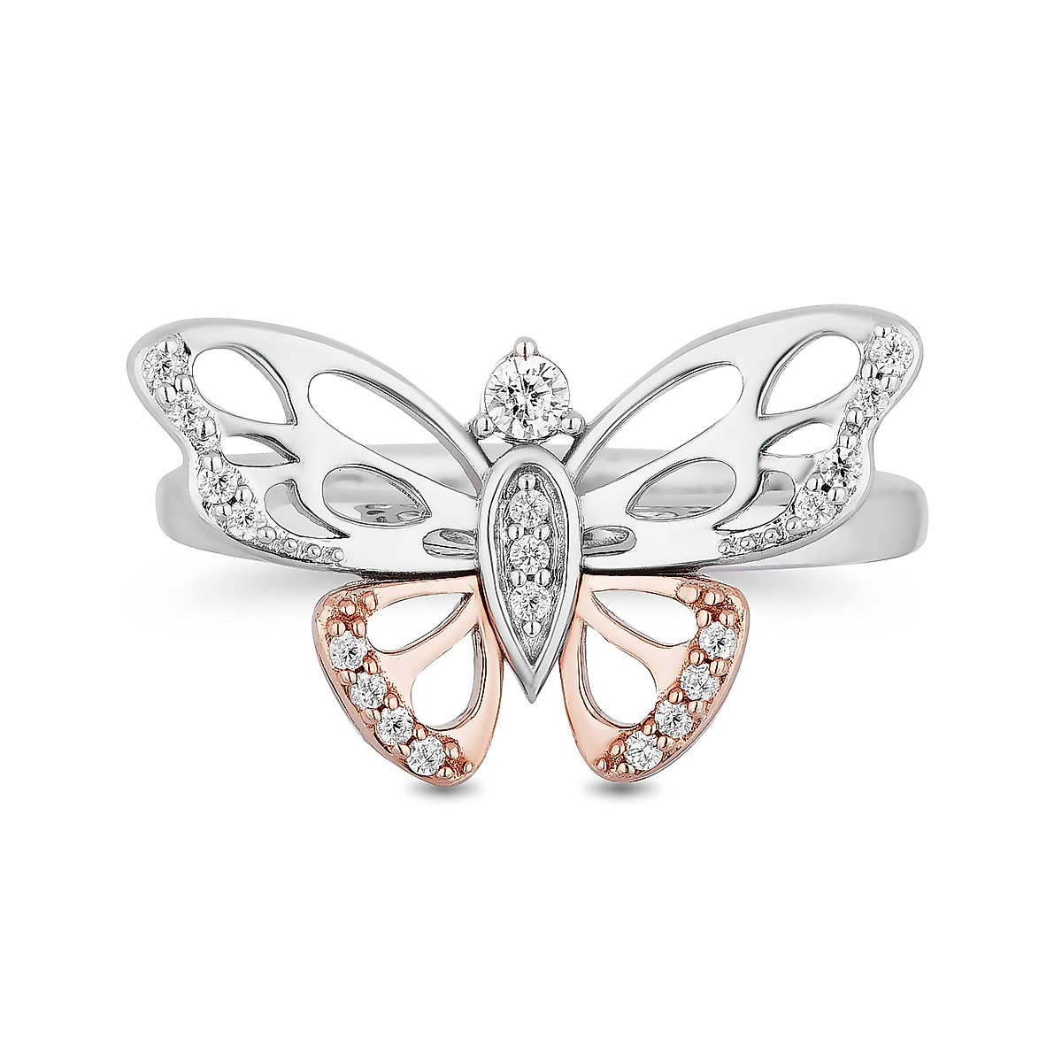 Jewelili Hallmark Fine Jewelry Sterling Silver and 14K Rose Gold 1/6 Cttw Natural White Round Diamond Butterfly Ring, Size 8