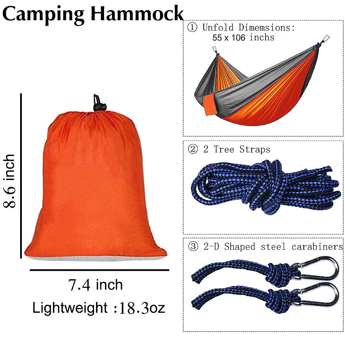 Camping Hammock, Double & Single Portable Hammocks with 2 Tree Straps and Carabiners | Easy Assembly | Lightweight Parachute Nylon Hammocks for Backpacking, Travel, Beach, Hiking (Gray/Orange)