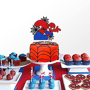 Spider 2nd Cake Topper Spider Cartoon Movie Themed Happy 2s Birthday Cake Decorations for Boys Girls Children Kids Men Women Two Bday Party Supplies Double Sided Glitter Black Décor