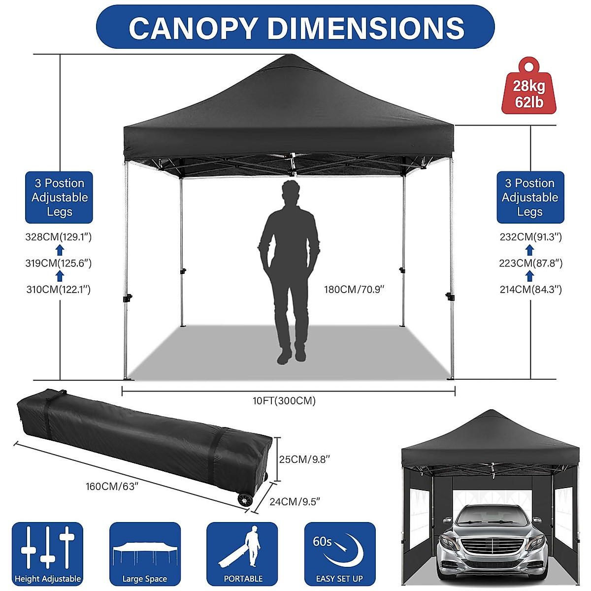 Tooluck 10x10 Pop up Canopy Commercial Heavy Duty Canopy Tent with 4 sidewalls Easy Up Outdoor Party Tent Instant Canopy All Season Windproof & Waterproof Gazebo with Roller Bag,Black(Frame Thickened)