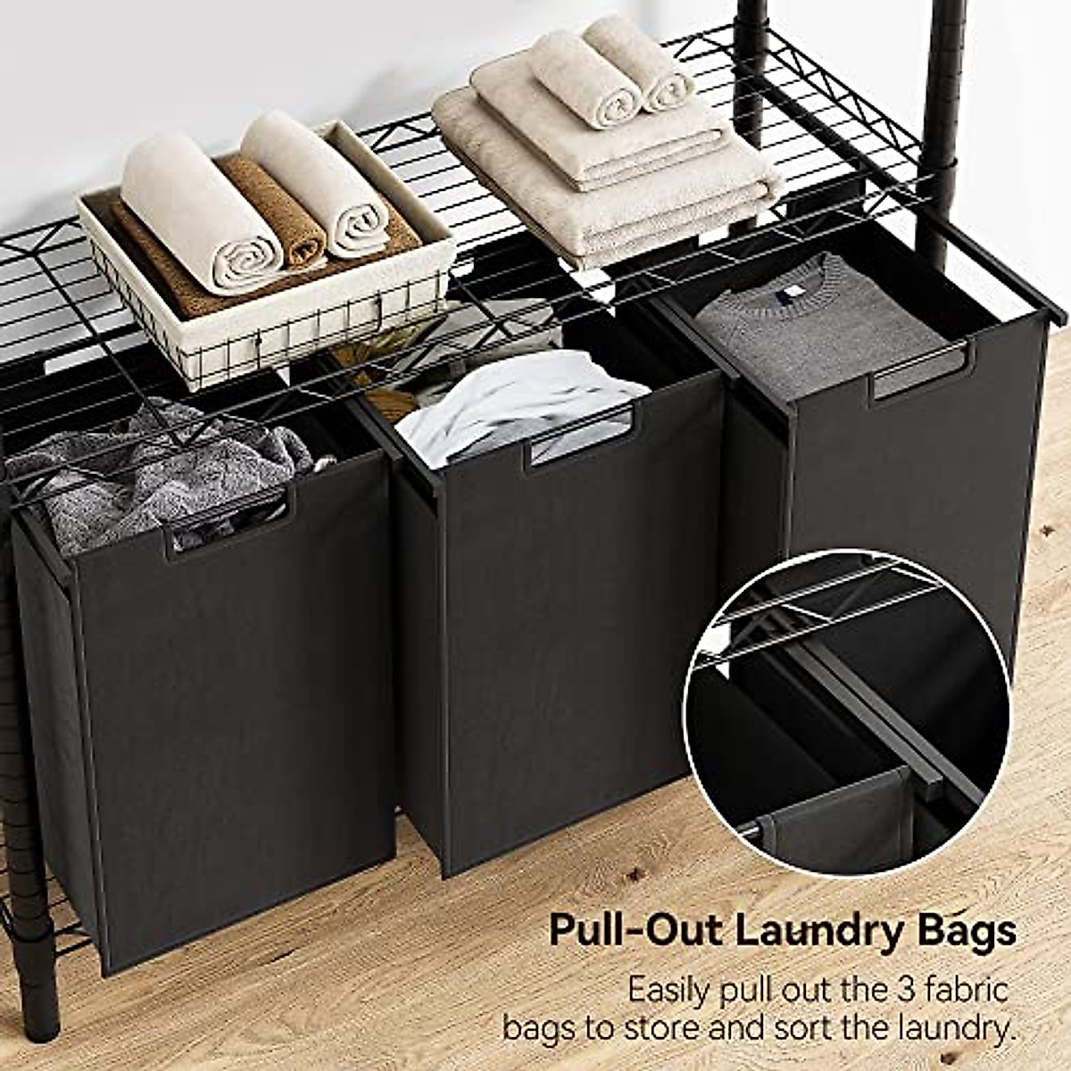 Laundry Sorters with 3 X 45L Laundry Bags & 2 Tier Adjustable Storage Shelf, Pull-Out and Removable Oxford Fabric Laundry Baskets, Black