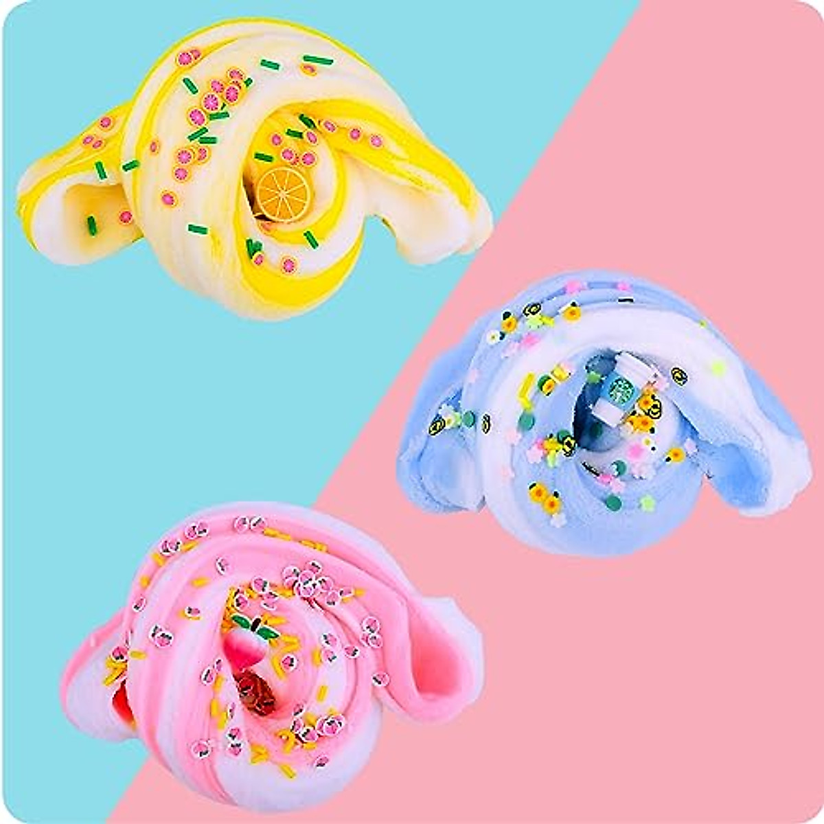 3 Pack Cloud Slime Kit, with Pink Peachs, Yellow Lemon and Blue Latte Cute Charms Cloud Slime, Educational Fidget Slime Toys for Kids, Birthday Gifts Party Favors for Girls Boys
