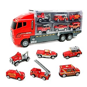 Smart Novelty Die Cast Emergency Trucks Vehicles Toy Cars Play Set in Carrier Truck - 7 in 1 Transport Truck Emergency Car Set for Kids Gifts (Fire Vehicle Set)